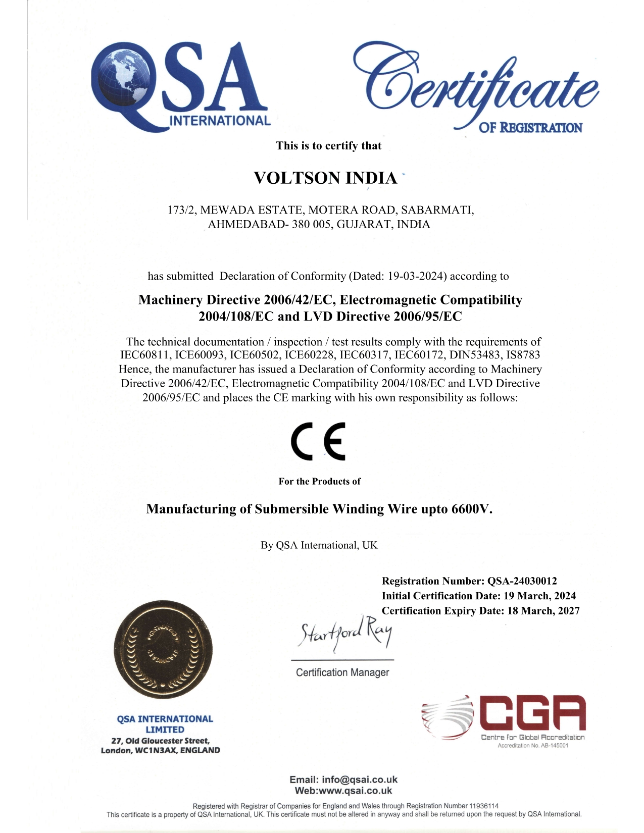 Voltson India Certificates | Trusted Wire Manufacturer